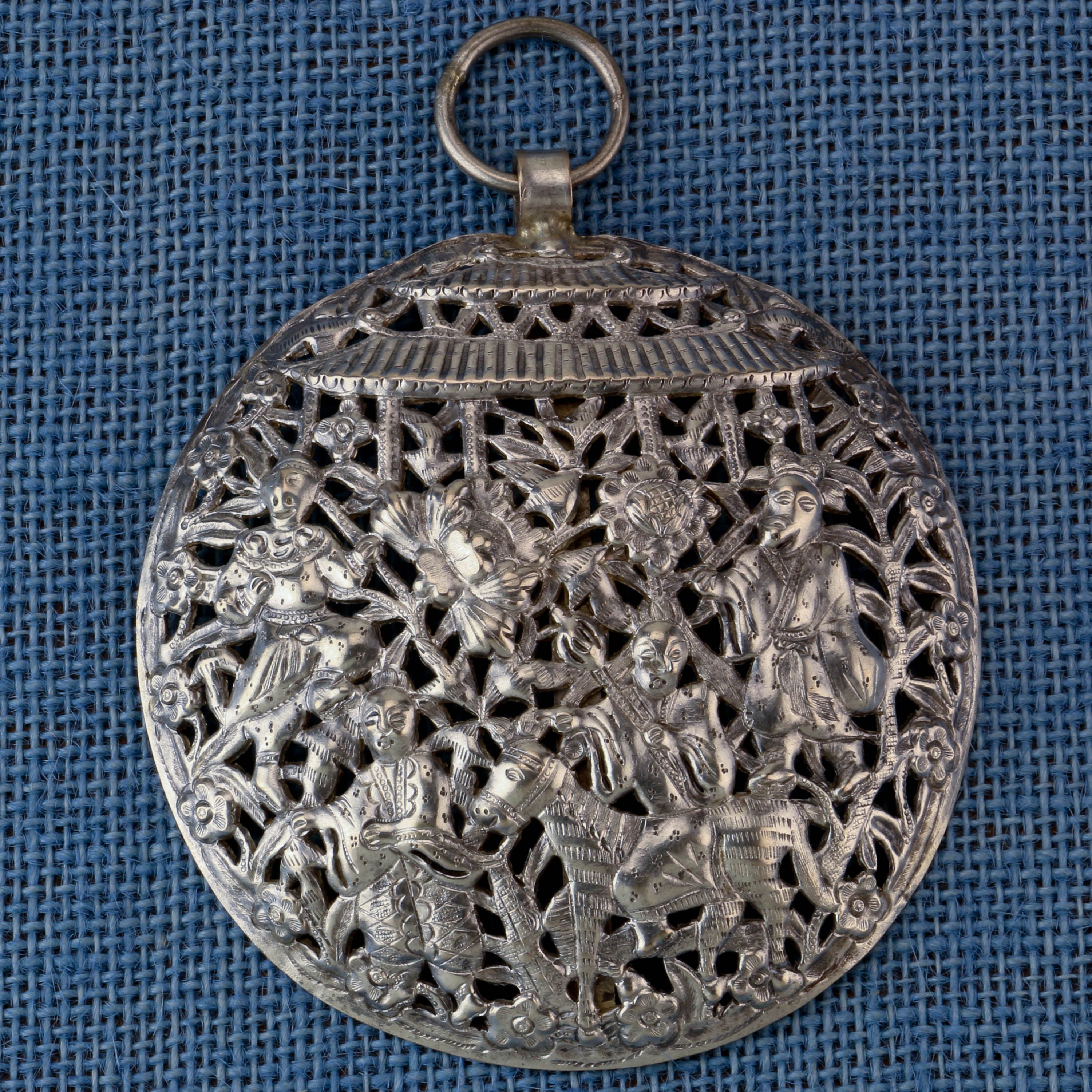 China, Miao, horse amulet chain necklace and amulet with four figures ...